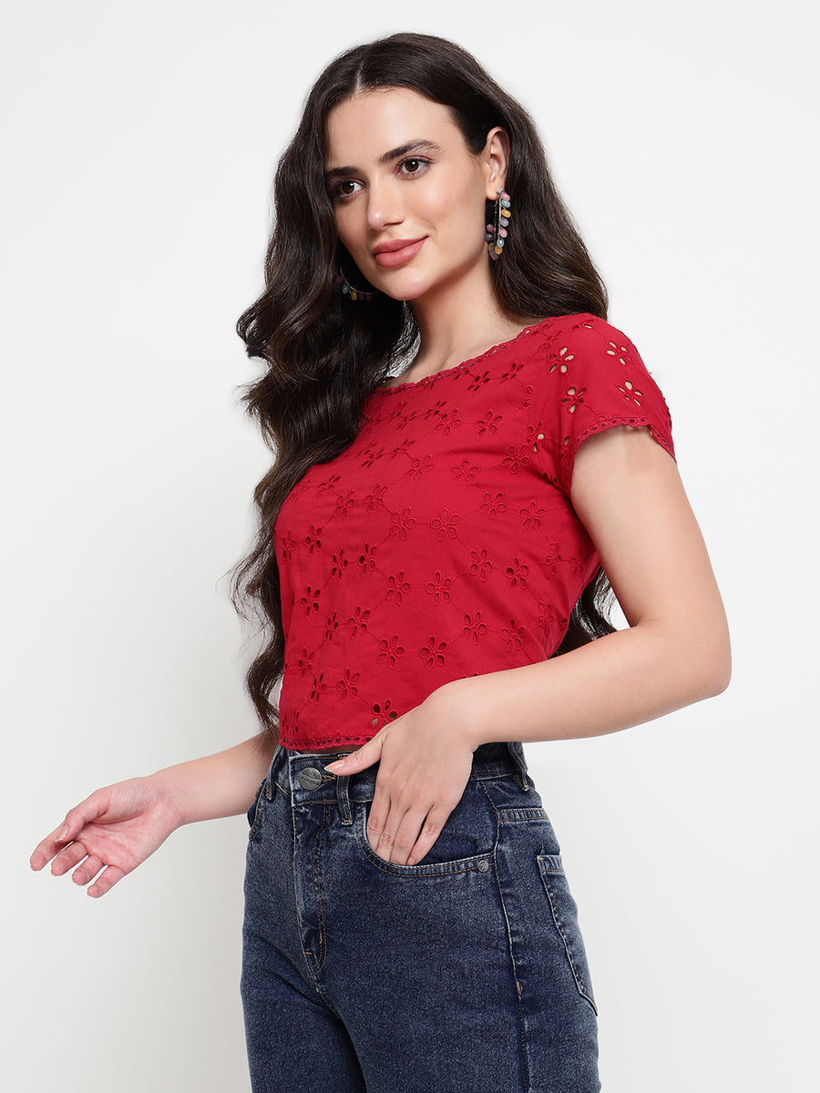 Hazel Berry Schiffli Ruched Back Crop Top – Roving Mode