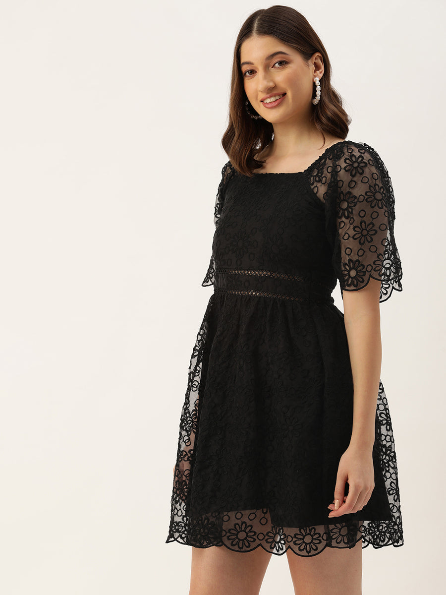 Anna Black Organza Scallop Lace Mini Dress – Roving Mode